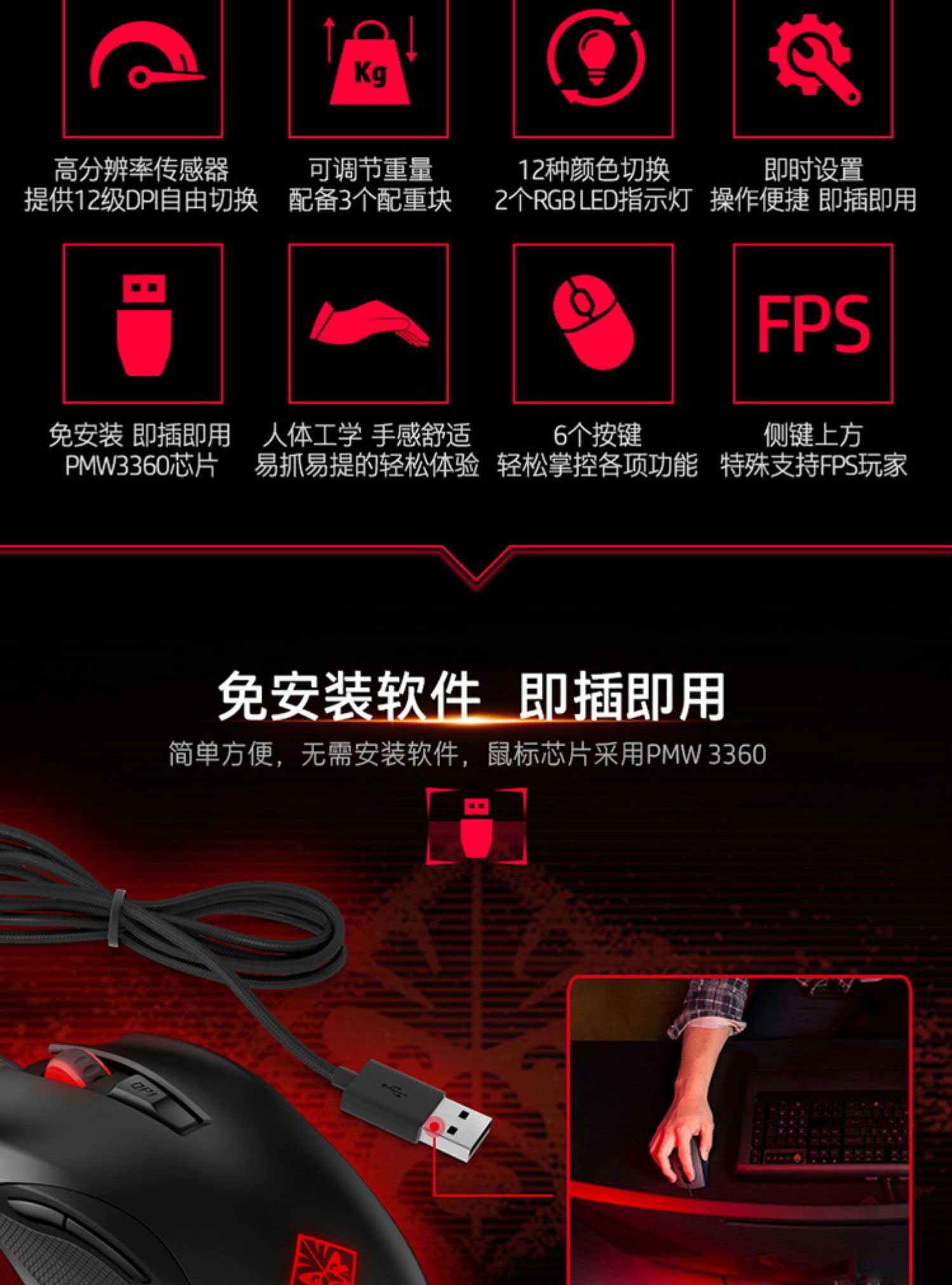 新到货原装正品惠普HP暗影精灵OMEN 600 1KF75AA游戏办公鼠标 人体工学Mouse PWM3360 欧姆龙蓝点微动-青州小熊