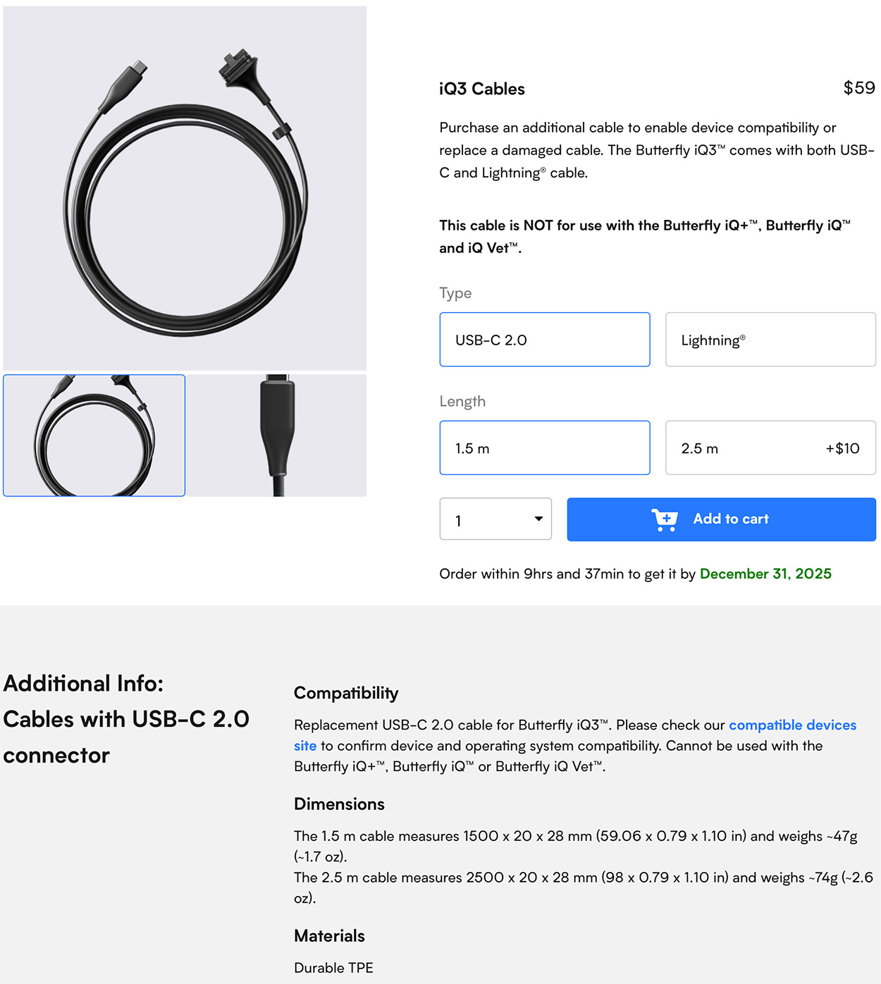 新到货1.5米 2.5米 Butterfly iQ3 Ultrasound System Cables with USB-C 2.0 ...